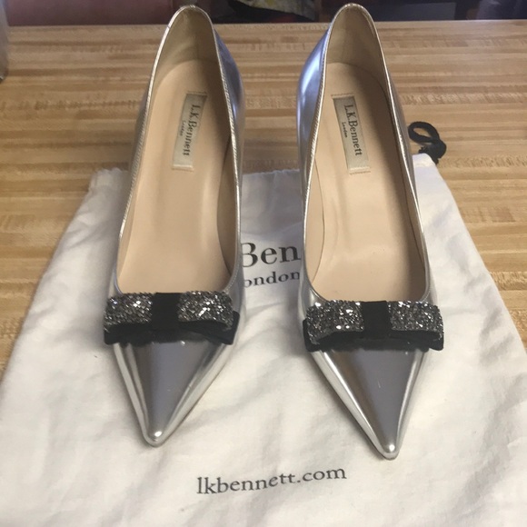 LK Bennett | Shoes | Lk Bennett Silver Metallic Heels With Bows | Poshmark